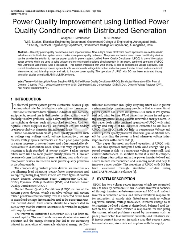 Power Quality Improvement Using Unified Power Quality Conditioner With Distributed Generation | PDF