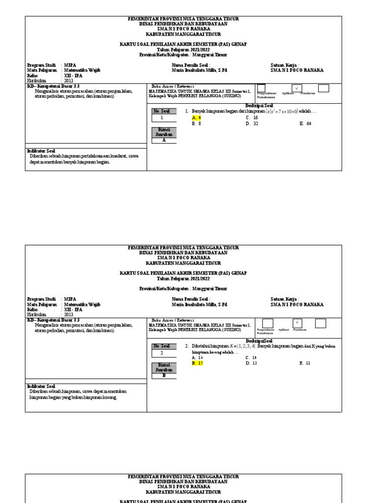Kartu Soal PAS MAT - WJB | PDF