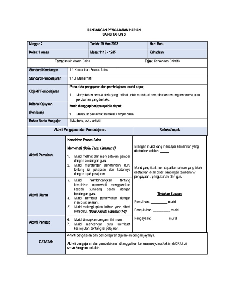 RPH Sains Tahun 3 | PDF