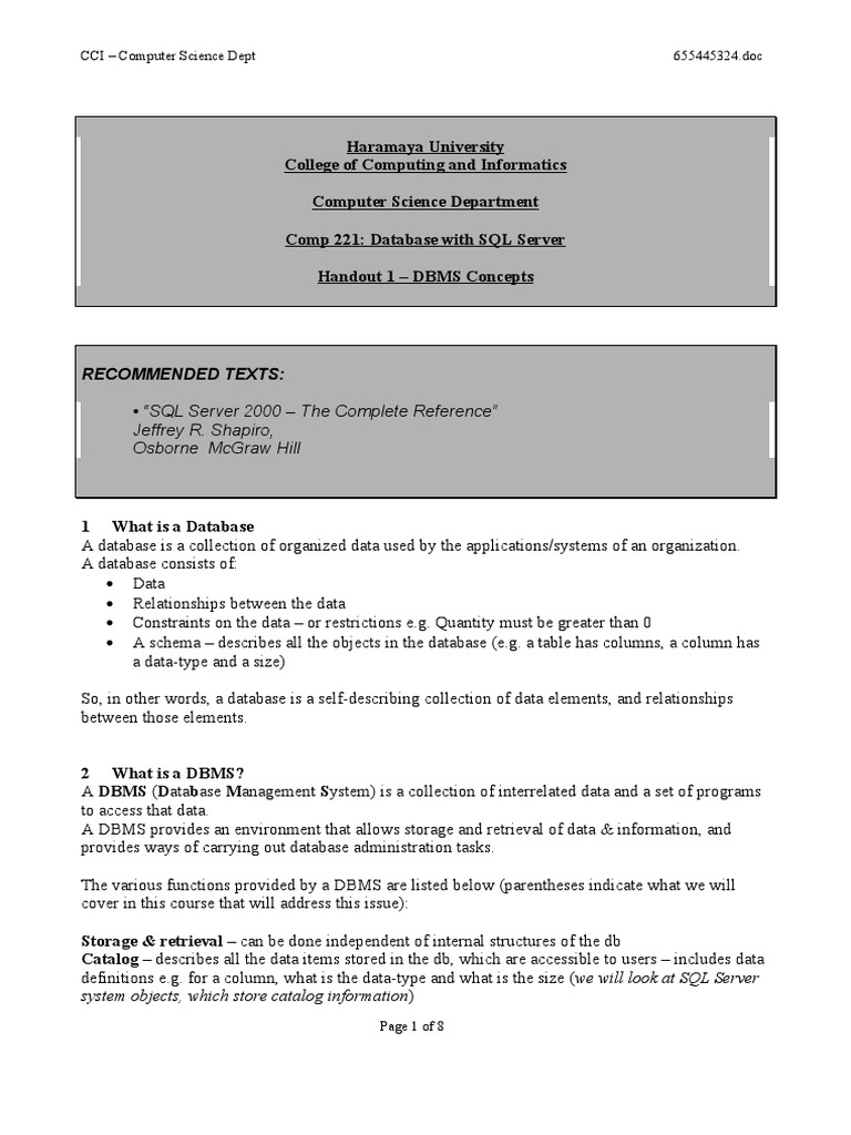 Handout 1 - DBMS Concepts | PDF | Relational Database | Databases Handout 1 - DBMS Concepts | PDF | Relational Database | Databases