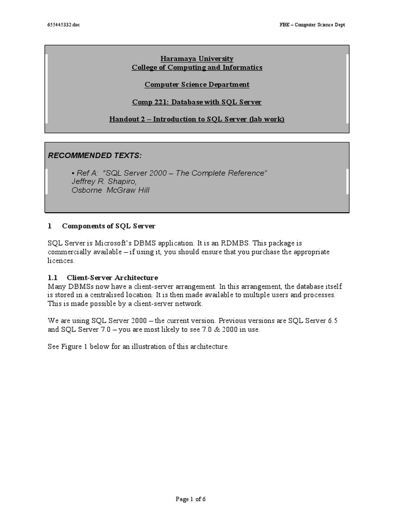 Handout 2 - Introduction To SQL Server | PDF | Databases | Relational Database