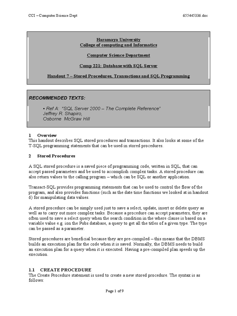 Handout 7 - Stored Procedures, Transactions and SQL Programming | PDF ... Handout 7 - Stored Procedures, Transactions and SQL Programming | PDF ...