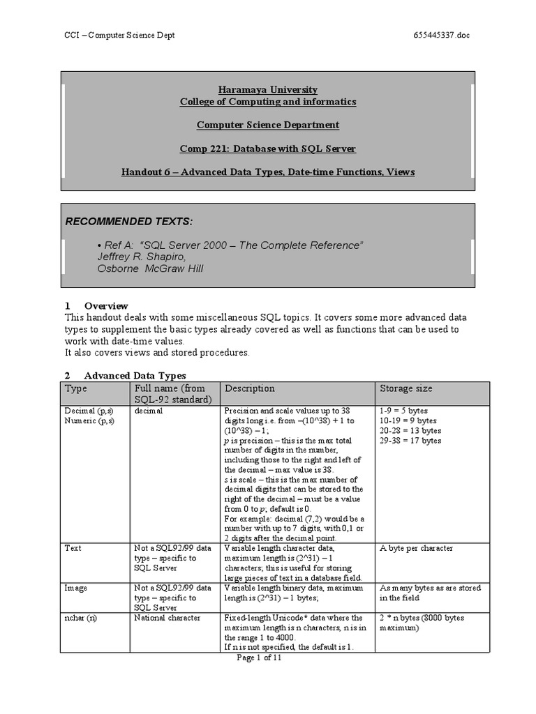 Handout 6 - Advanced Data Types, DateTime Functions, Views | PDF ...