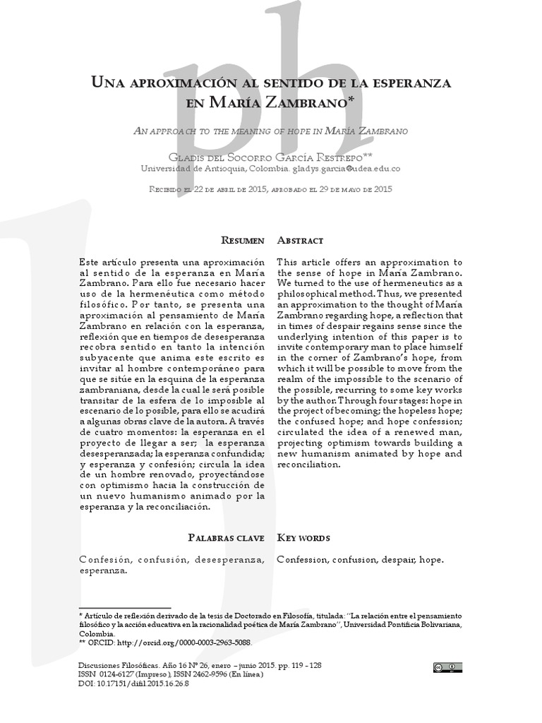 Na Aproximación Al Sentido de La Esperanza en Aría Ambrano: G S G R ...