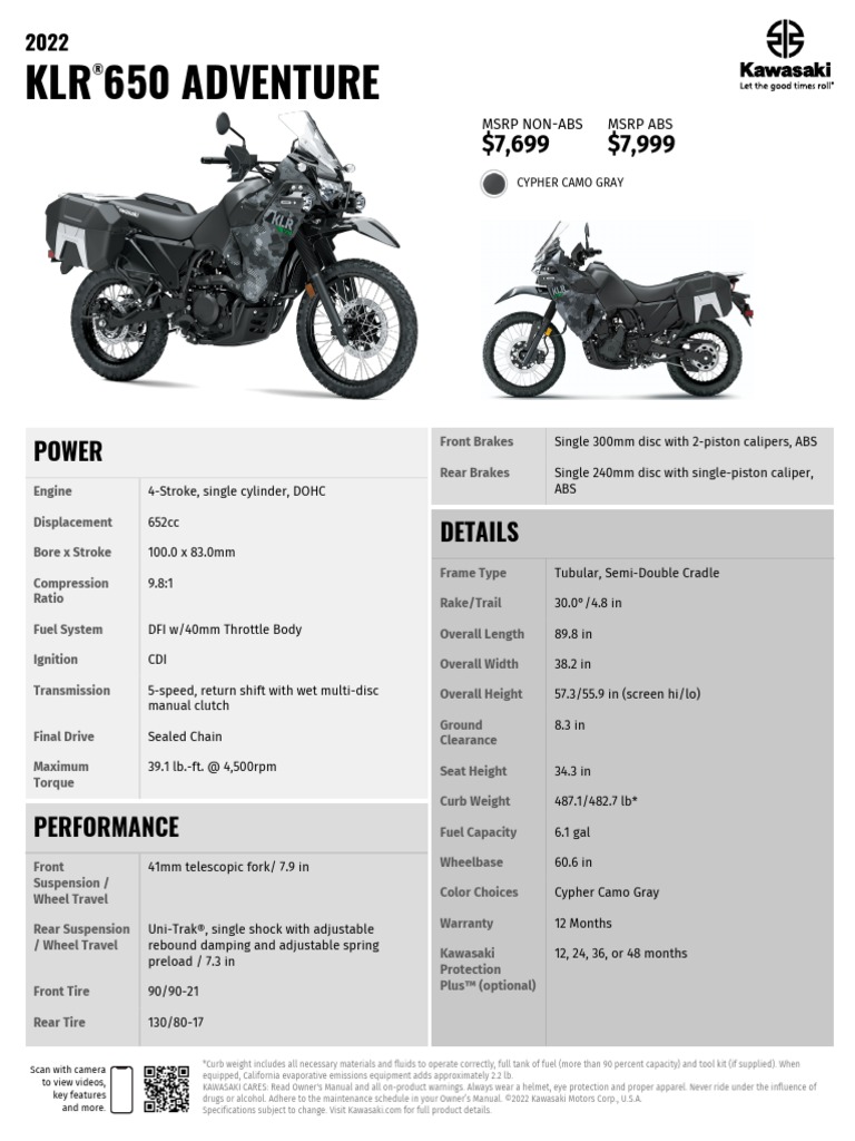 2022 klr650 Adventure en Us Spec Sheet | PDF | Anti Lock Braking System ...