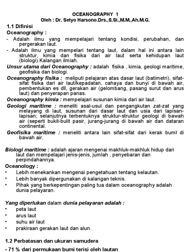1.1 Difinisi Oceanography:: Oceanography 1 Oleh: Dr. Setyo Harsono - Drs.,S.Si.,M.M.,Ah.M.G | PDF