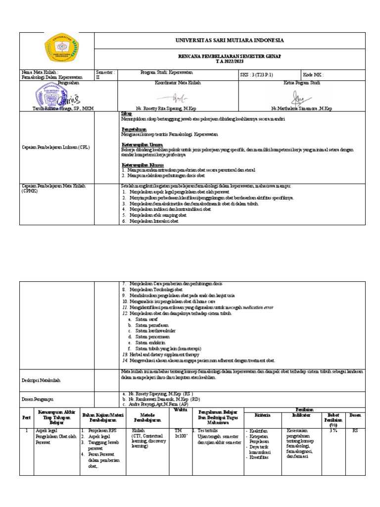 RPS Farmakologi Dalam Keperawatan Sem II TA 2021-2022 | PDF