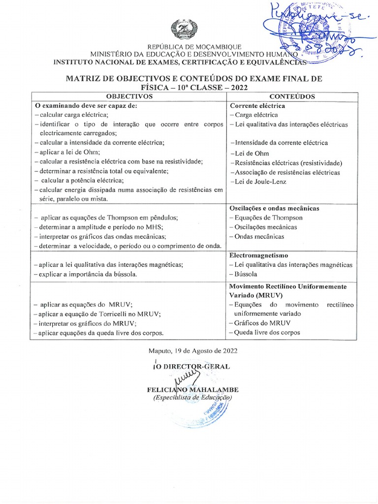 Matrizes de Exames de Fisica 10 Classe 2022 | PDF