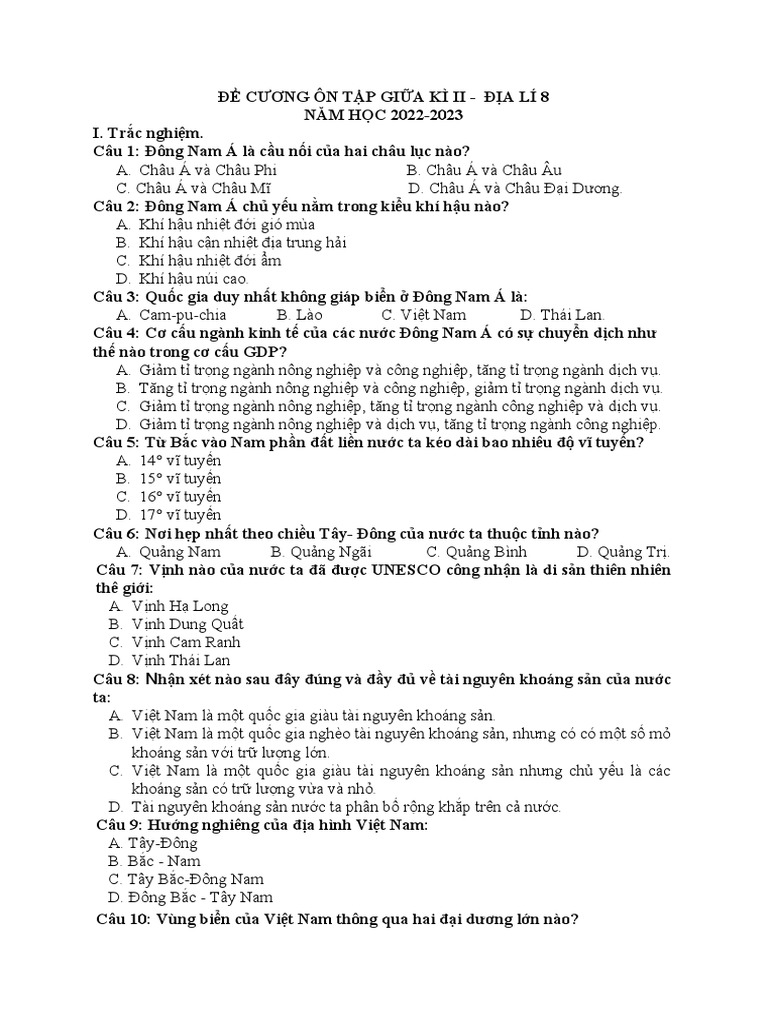 ĐỀ CƯƠNG GK II ĐỊA 8 | PDF