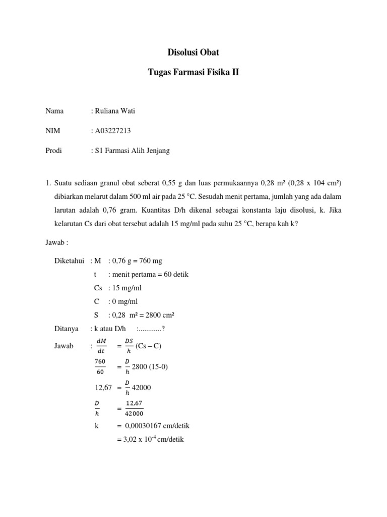 Disolusi Obat Tugas Farmasi Fisika II | PDF | Metode & Bahan Ajar