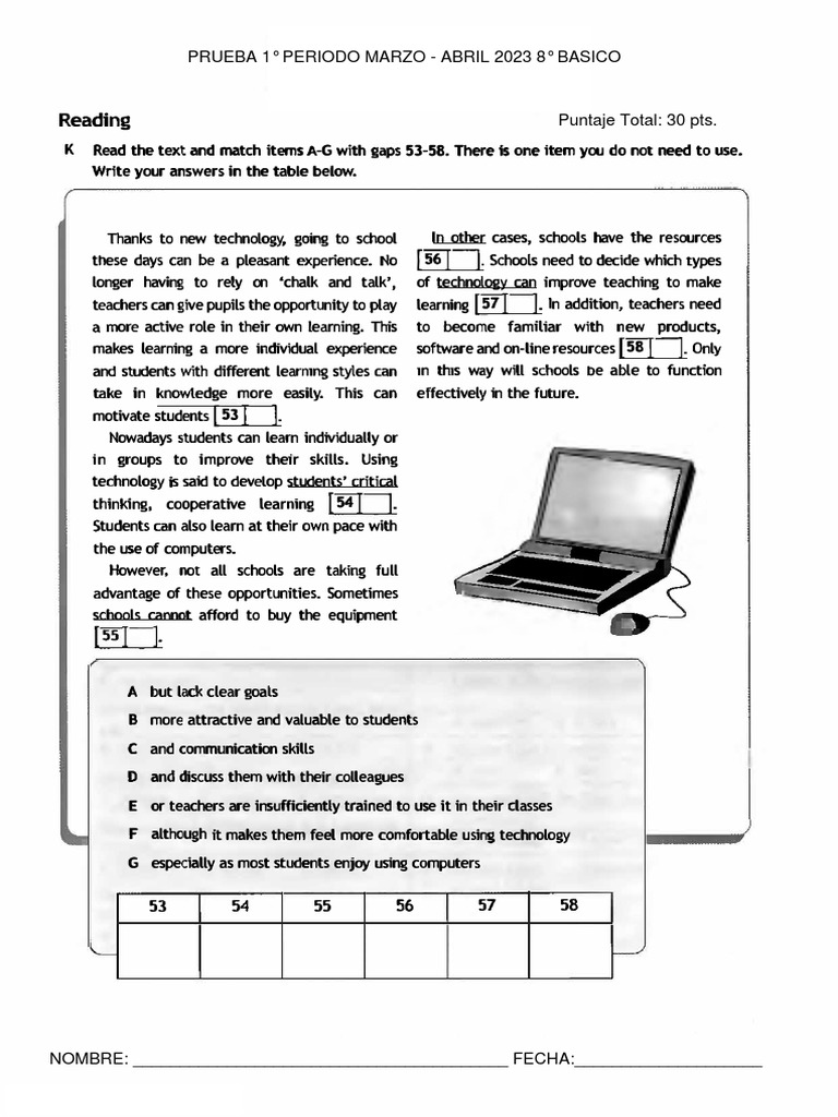Technology Reading Prueba 8° | PDF