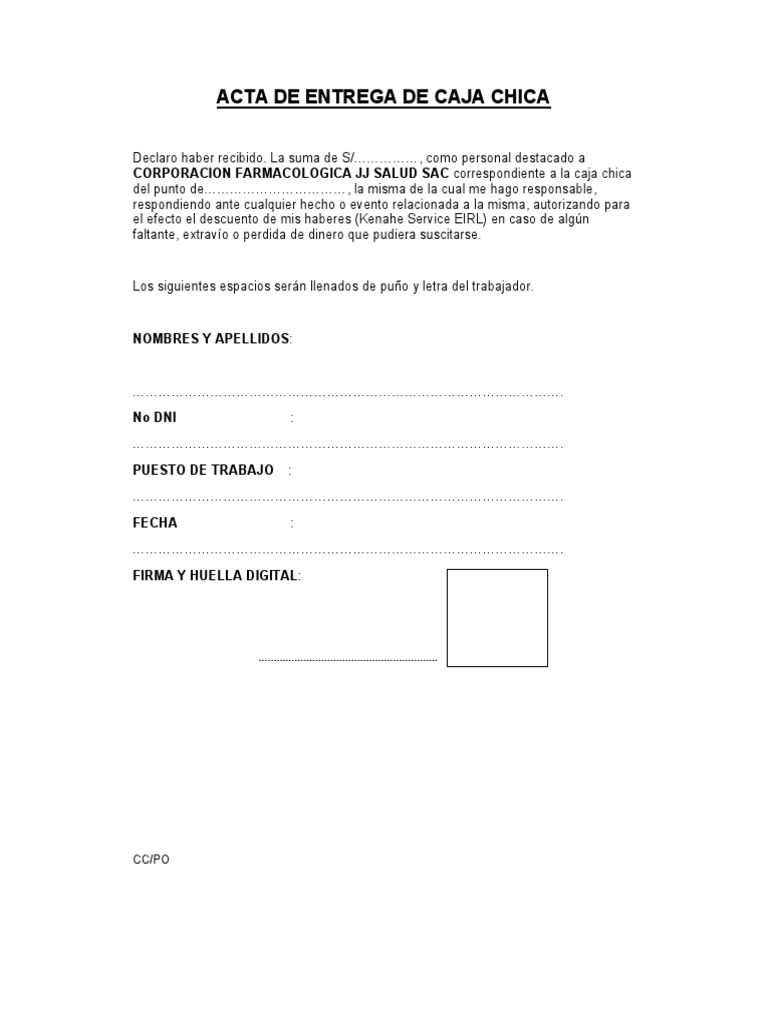 Acta de Entrega de Caja Chica: Cc/Po | PDF