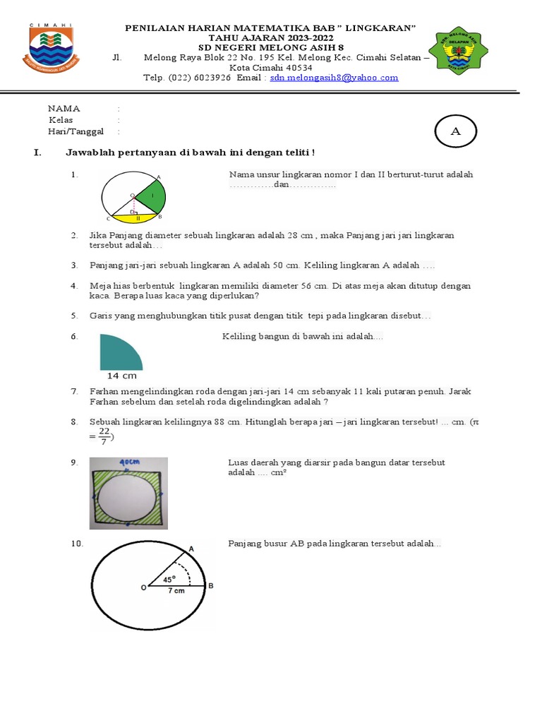 Penilaian Harian MTK Bab Lingkaran | PDF