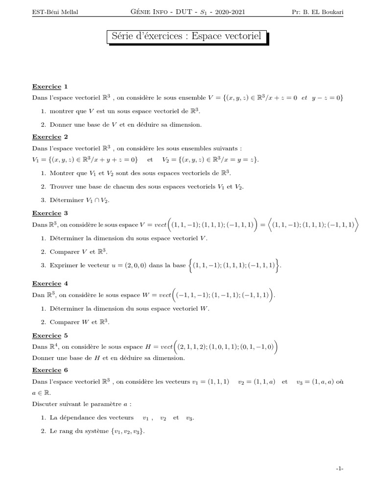 Exercices sur les Espaces Vectoriels | PDF | Base (algèbre linéaire ...