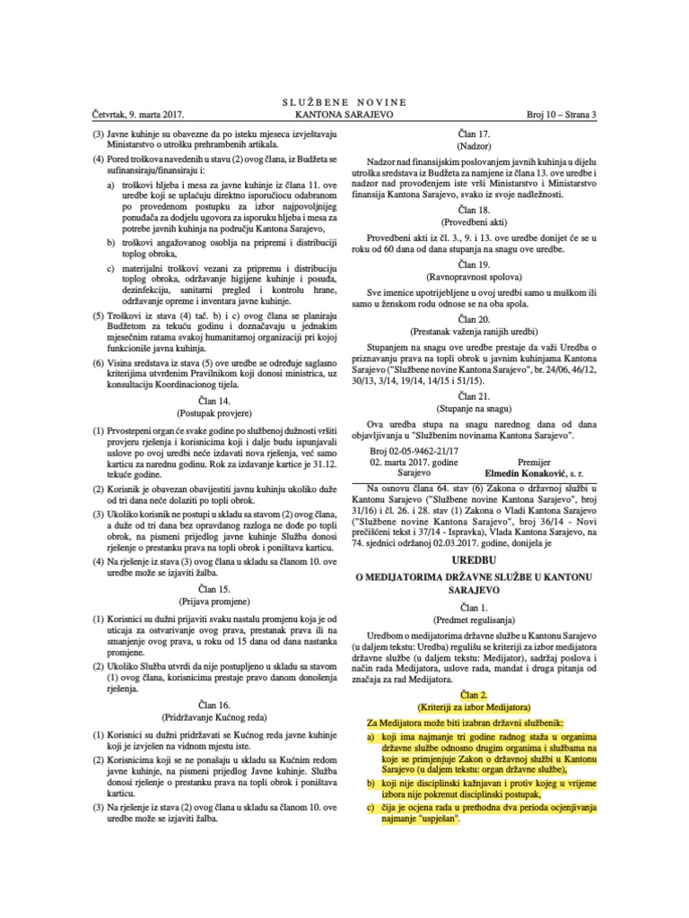 Uredbe o Medijatorima Državne Službe U Kantonu Sarajevo Službene Novine Kantona Sarajevo, Broj ...