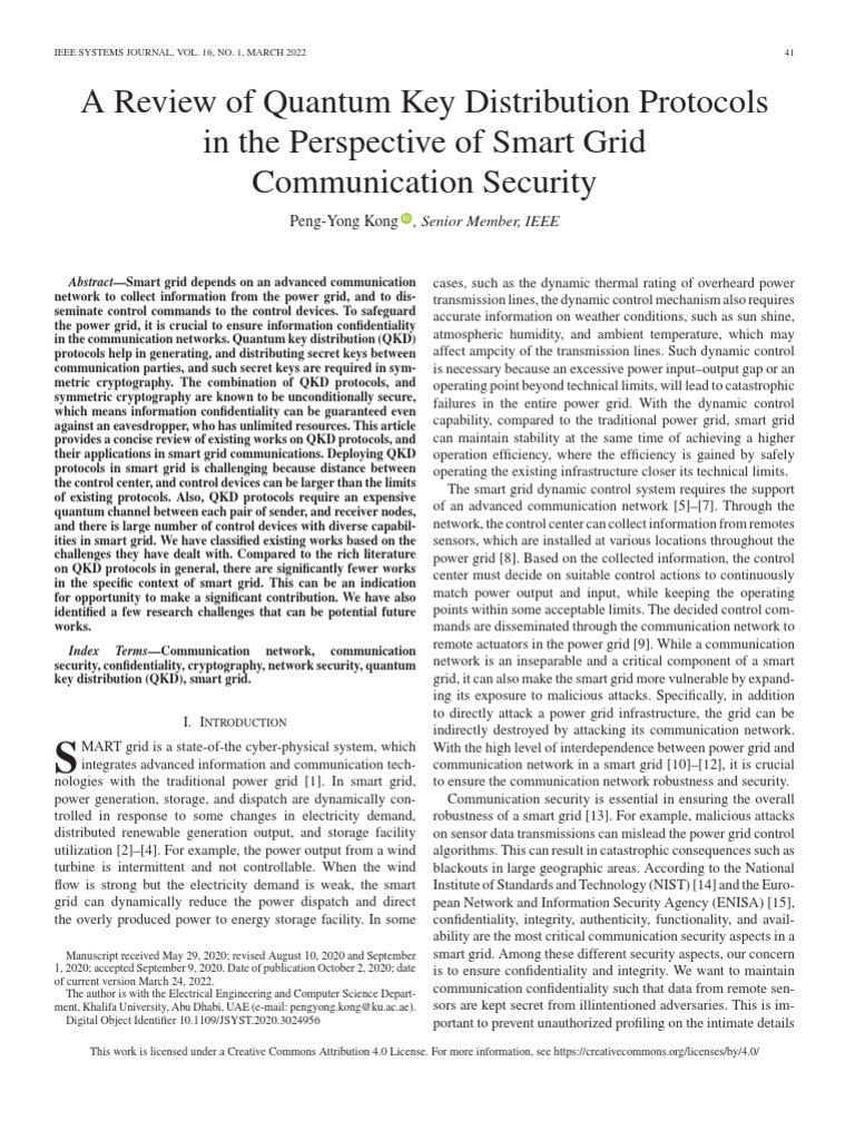 A Review of Quantum Key Distribution Protocols in The Perspective of Smart Grid Communication ...
