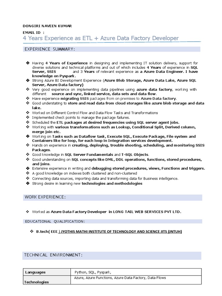 DONGIRI NAVEEN Adf CV | PDF | Microsoft Azure | Apache Spark