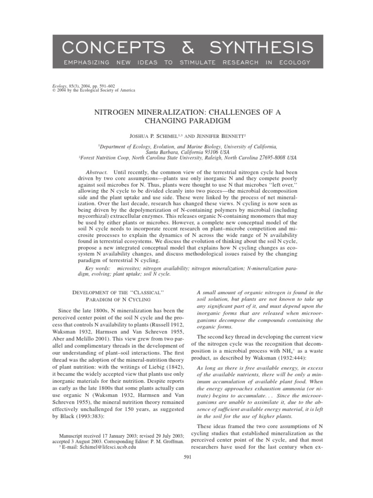 Concep Ts & Synthesis: Nitrogen Mineralization: Challenges of A ...