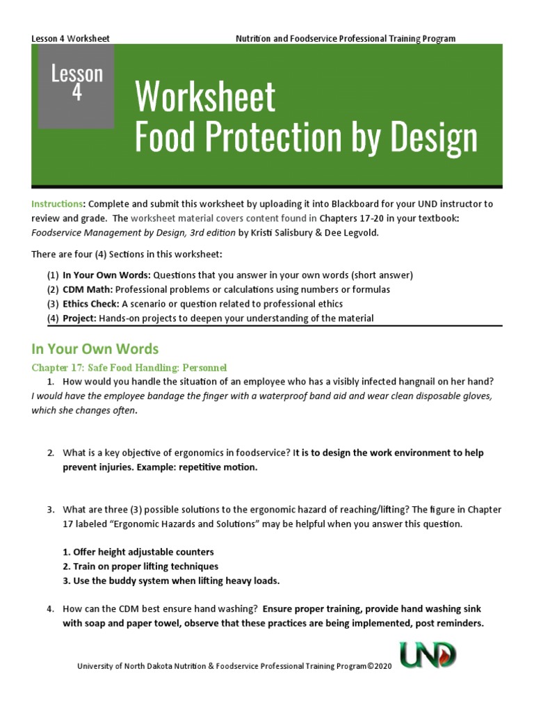 Lesson 4 Worksheet | PDF | Hand Washing | Food Safety