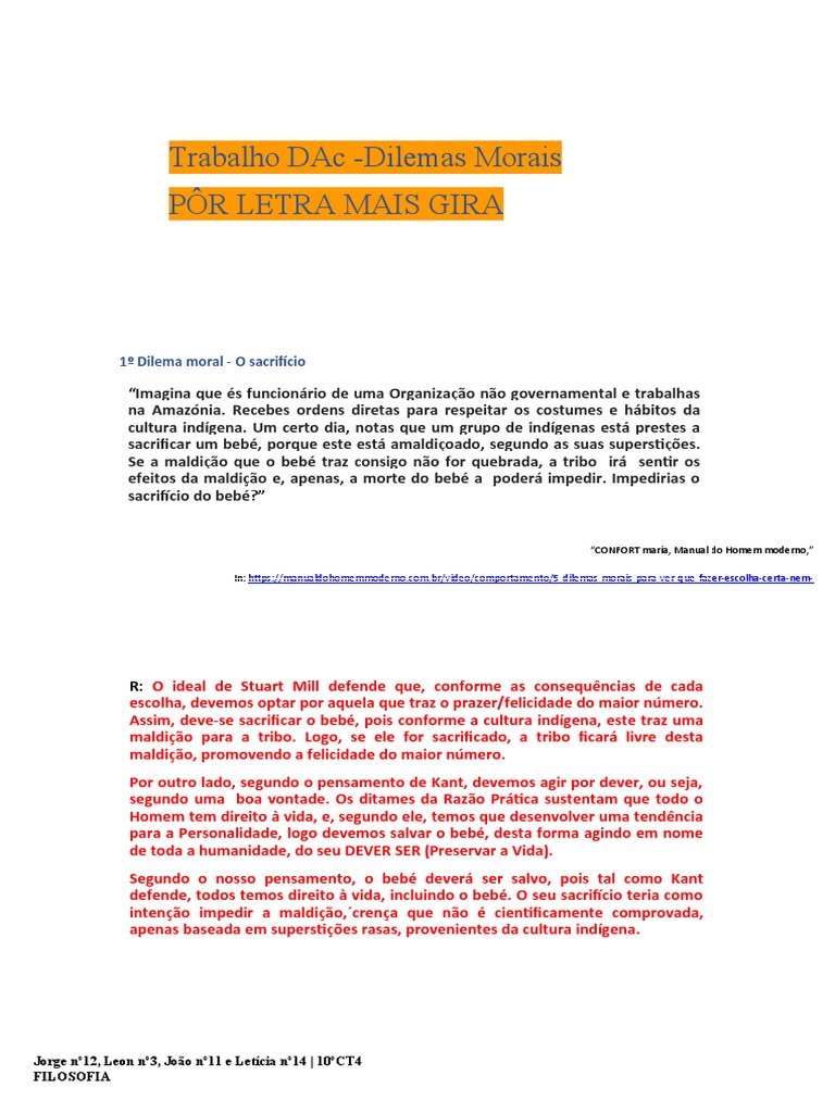 Dilemas Morais - Criados - DAC - Final | PDF | Immanuel Kant | Moralidade