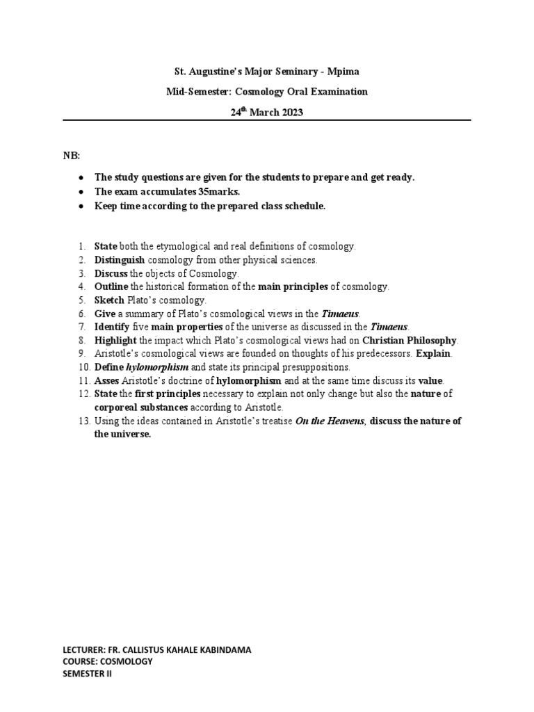 cosmology - 2023 study questions | PDF