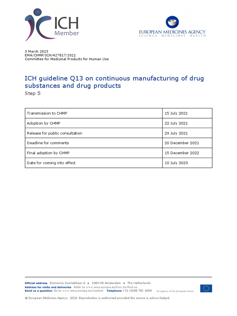 Ich Guideline q13 Continuous Manufacturing Drug Substances Drug Products Step 5 - en | PDF ...