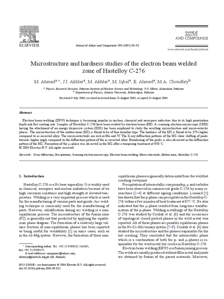 Microstructure and Hardness Studies of The Electron Beam Welded Zone of Hastelloy C-276 | PDF ...