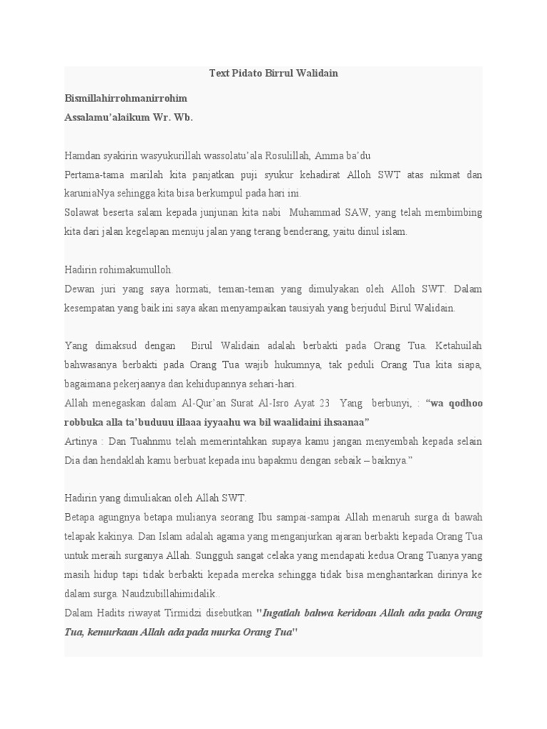 Text Pidato Birrul Walidain | PDF