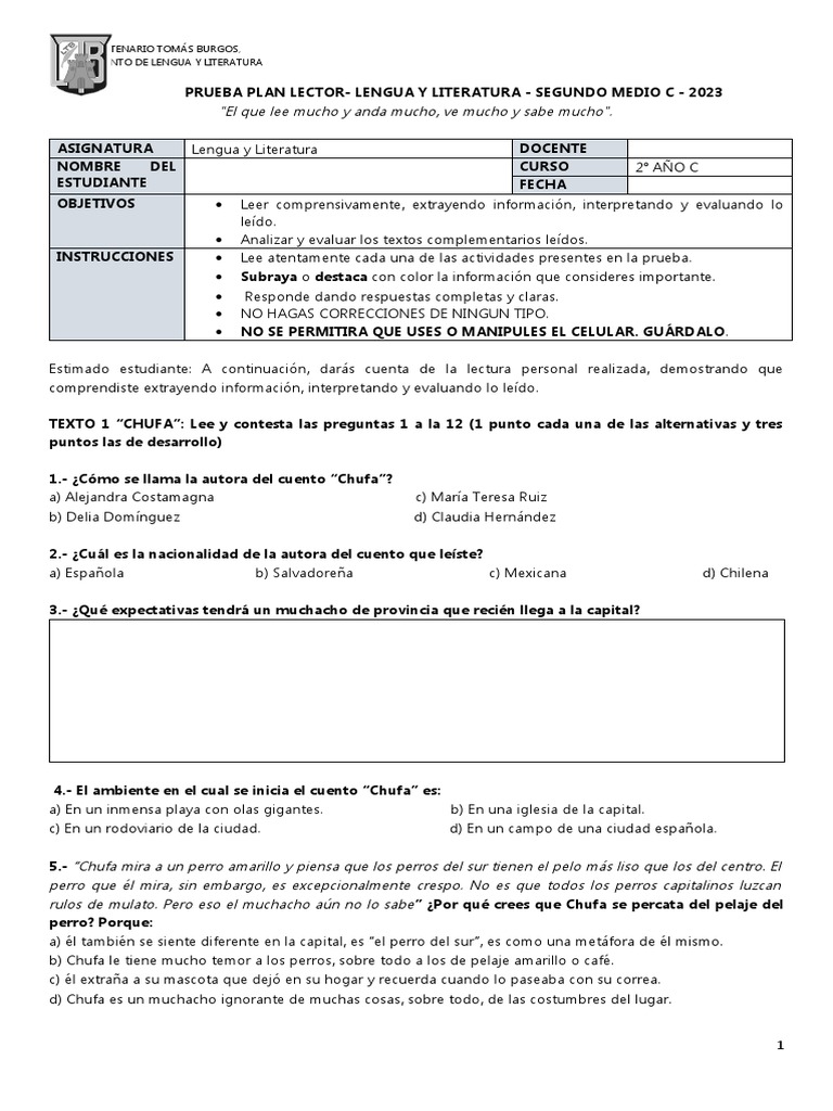 Prueba Plan Lector 2023 de Segundo C | PDF
