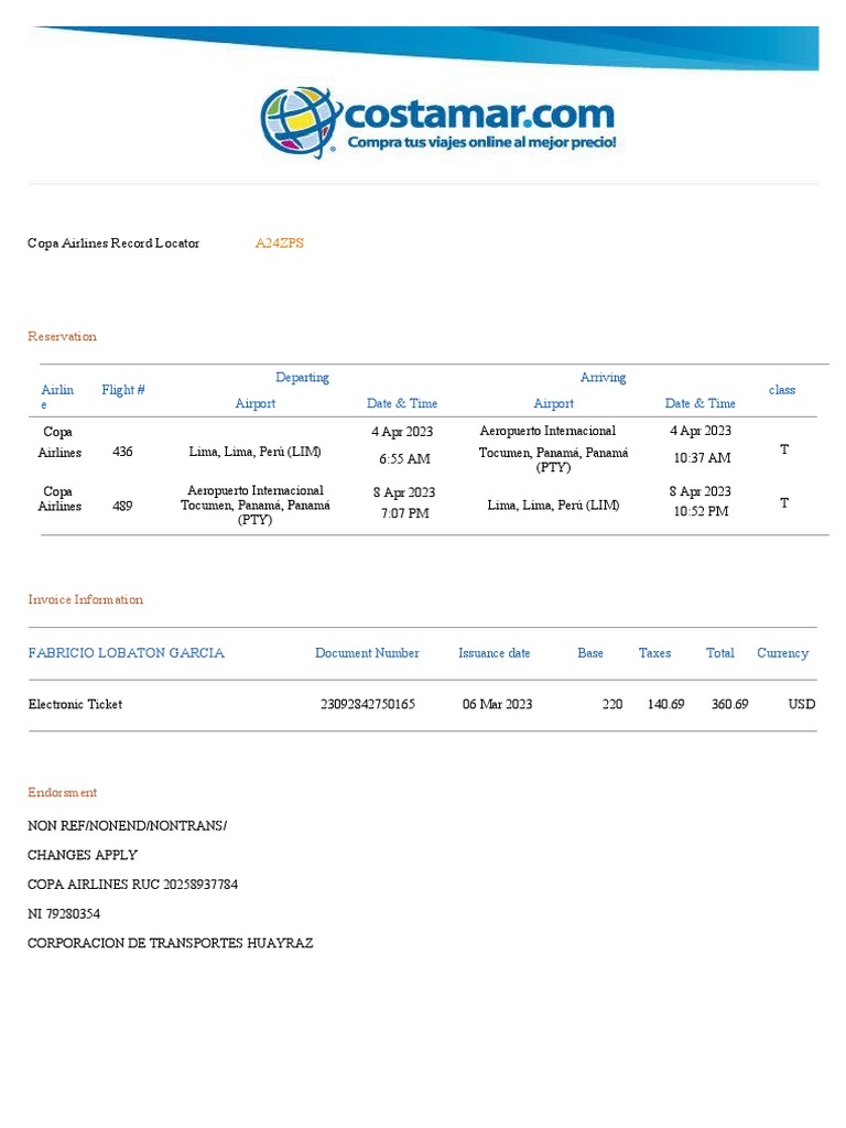 A24ZPS: Copa Airlines Record Locator | PDF
