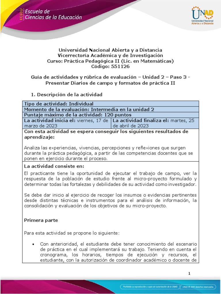 Guía de actividades y rúbrica de evaluación - Unidad 2 - Paso 3 - Presentar Diarios de campo y ...