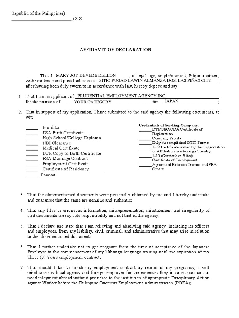 Example Affidavit of Declaraion | PDF | Affidavit | Document