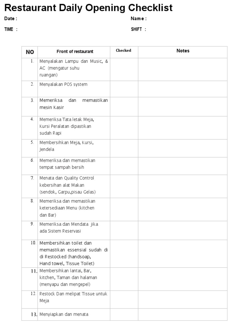 Daily Opening Checklist | PDF