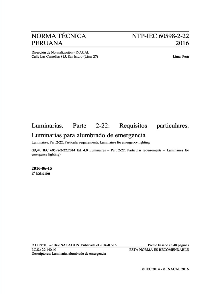 NTP-IEC 60598-2-22 Luminarias de Emergencia | PDF