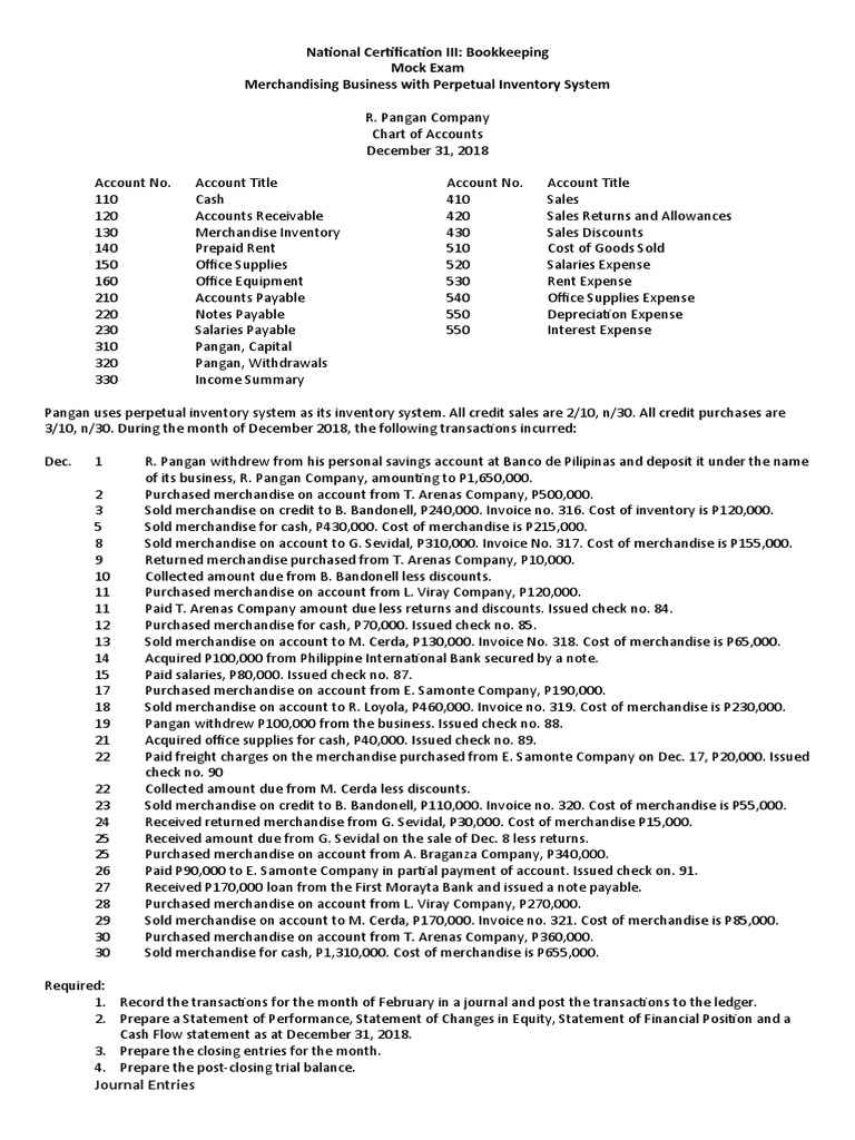 National Certification III: Bookkeeping Mock Exam Merchandising Business With Perpetual ...