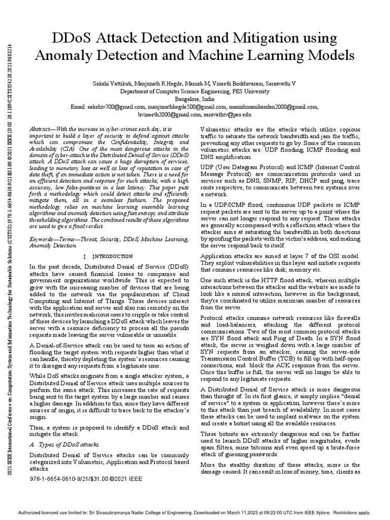 Ddos Attack Detection And Mitigation Using Anomaly Detection And Machine Learning Models Pdf