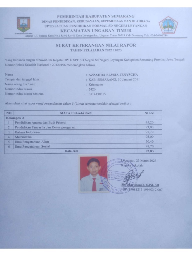 Surat Keterangan Nilai Rapor | PDF