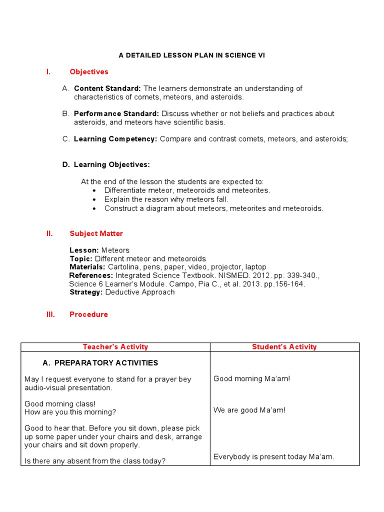 Lesson Plan in Grade 6 Science - Tinood | PDF | Meteoroid | Meteorite