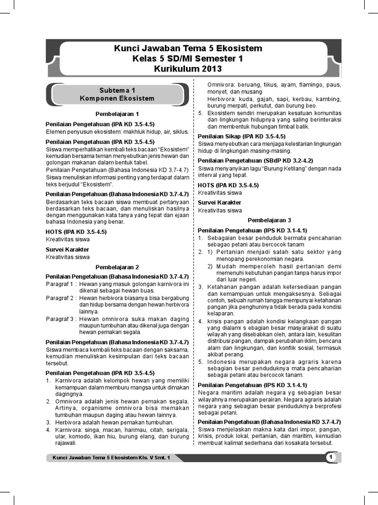 Kunci Tematik Kelas 5 Tema 5 SD - 2022 - WMG | PDF