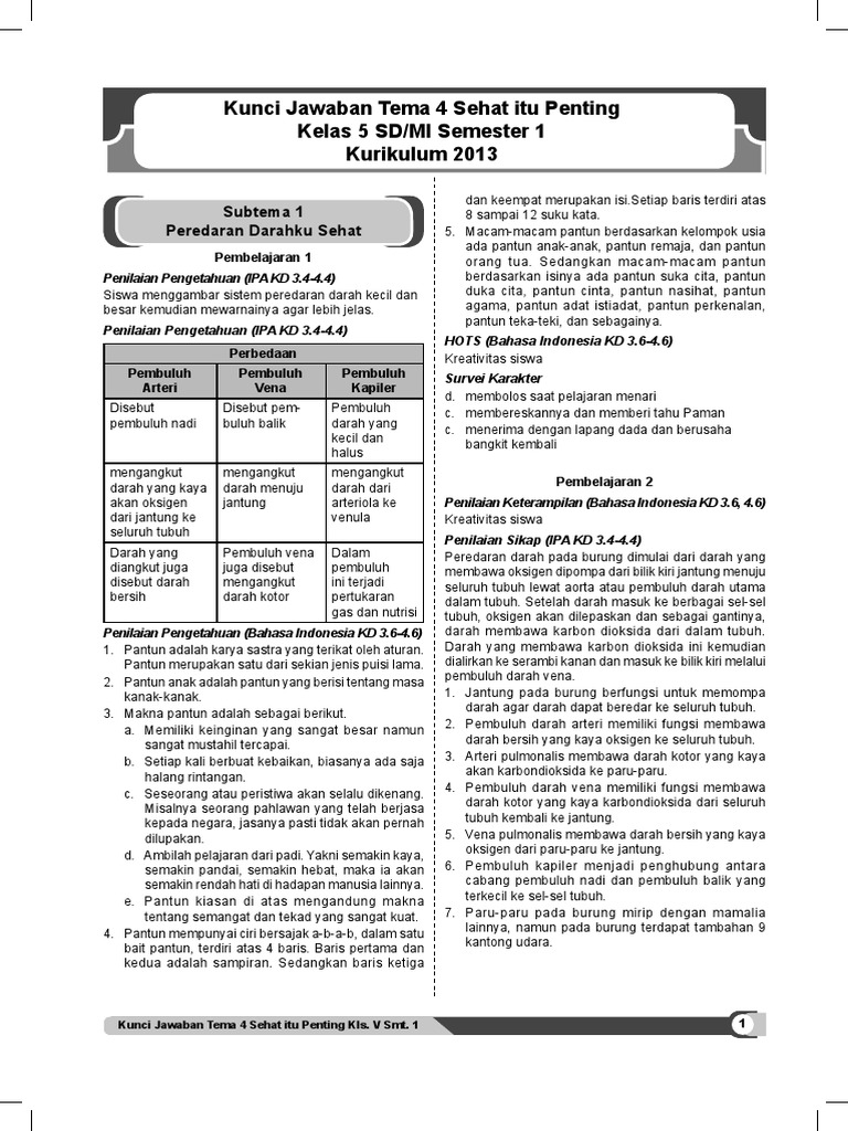 Kunci Tematik Kelas 5 Tema 4 SD - 2022 - WMG | PDF