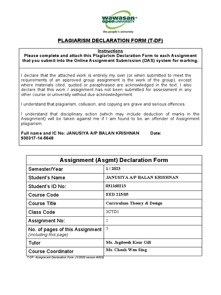 Plagiarism Declaration Form for Assignments | PDF | Teachers | Curriculum