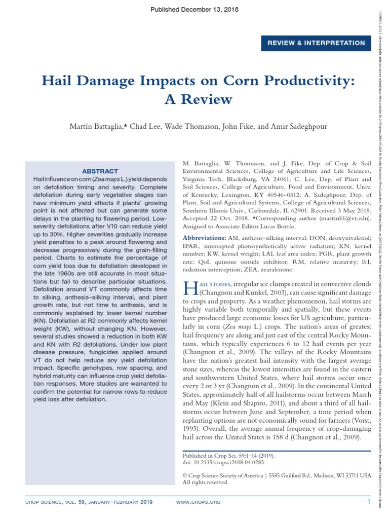 Crop Science - 2019 - Battaglia - Hail Damage Impacts On Corn Productivity A Review | PDF ...