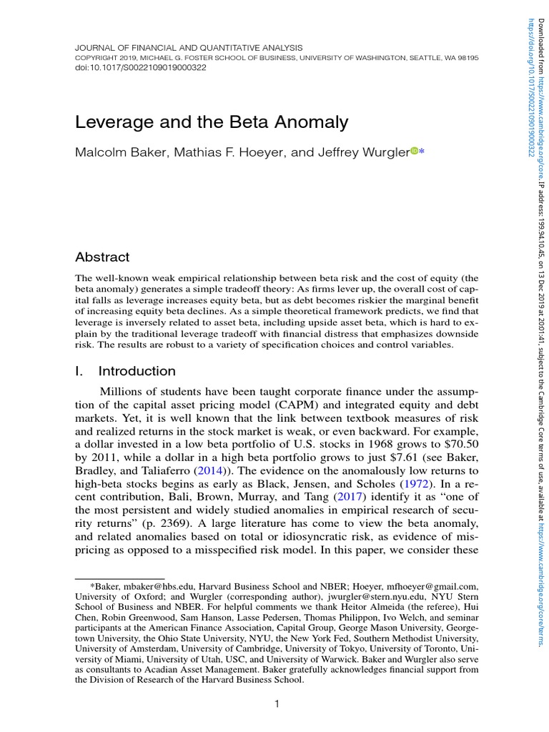 Leverage and The Beta Anomaly | PDF | Beta (Finance) | Capital Asset ...