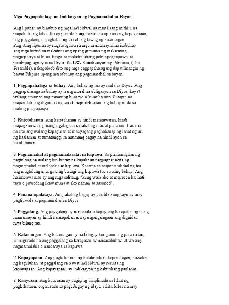 Mga Pagpapahalaga Na Indikasyon NG Pagmamahal Sa Bayan | PDF