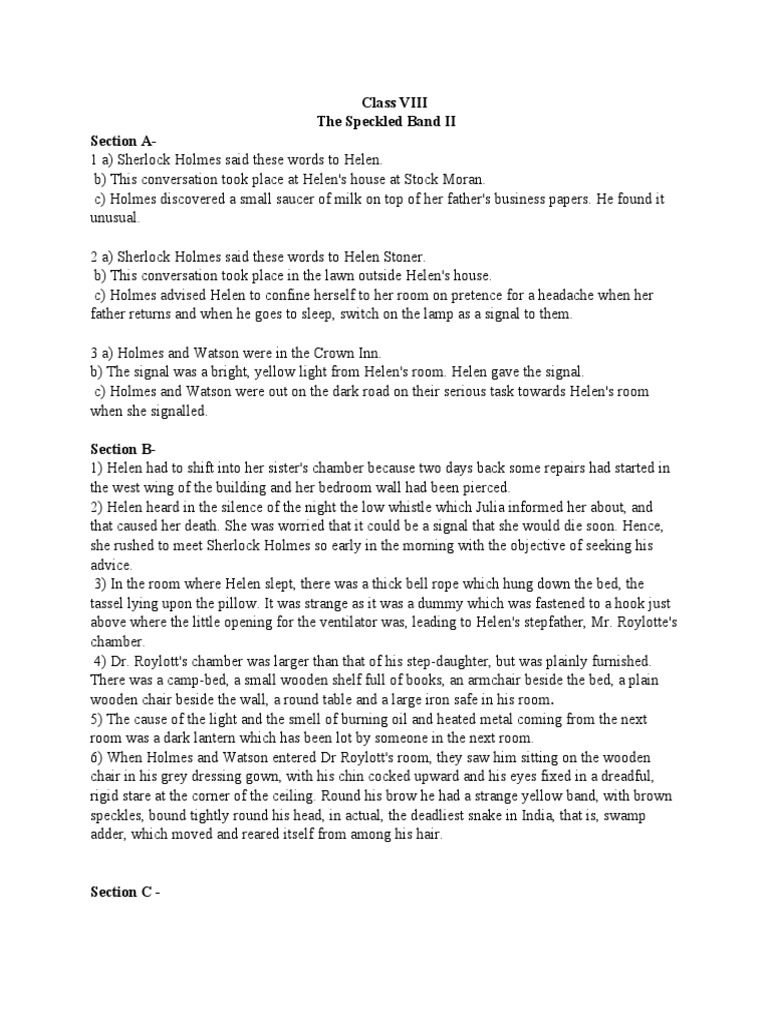 Class VIII The Speckled Band II | PDF | The Adventure Of The Speckled ...