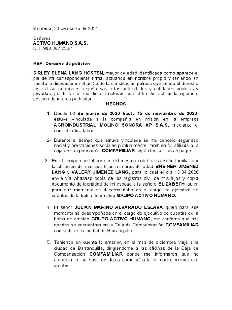 Derecho de Peticion SIRLEY ELENA LANG | PDF