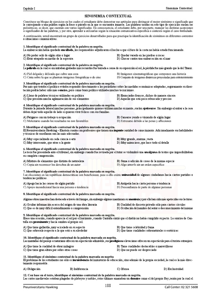 Ejercicios de Sinonimia y Antonimia Contextual | PDF