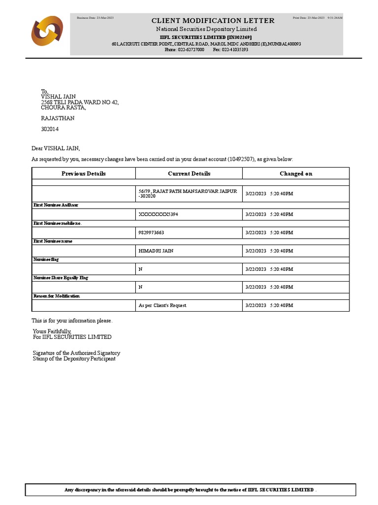 Client Modification Letter: Previous Details Current Details Changed On ...