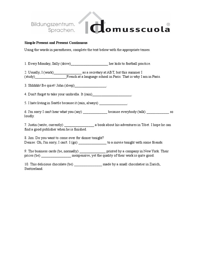 Simple Present vs. Present Continuous Exercise | PDF