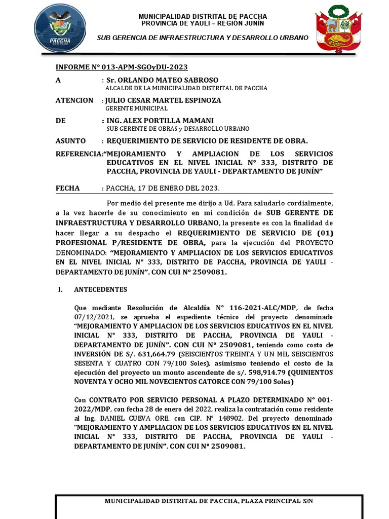 Informe #004 2023 Informe de Requerimiento de Servicio de Residente de Obra, Ututo Pavimento | PDF